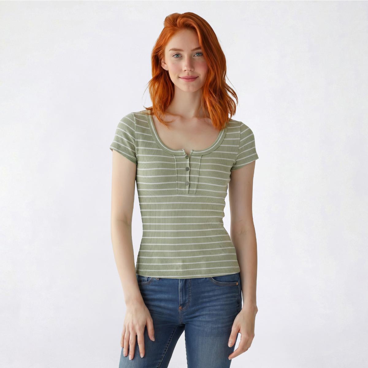 Click here for Juniors Pink Rose Short Sleeve Thermal Stripe Henl... prices
